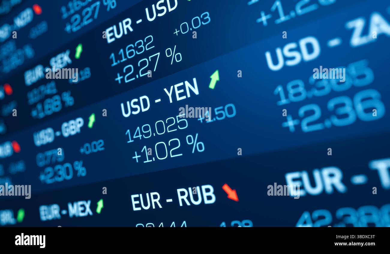 Rising US dollar to Japanese yen, close up currency exchange rates ...