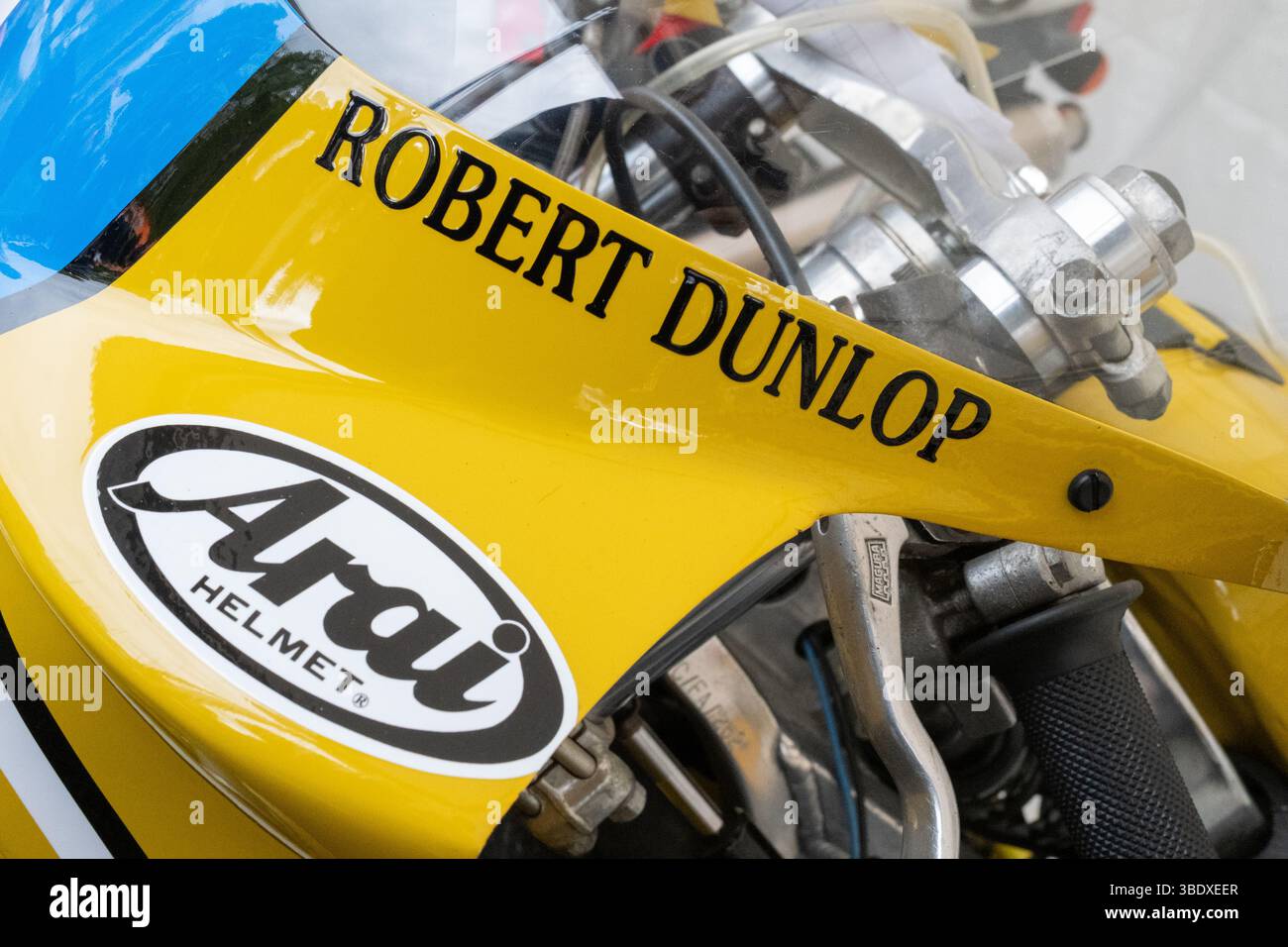 Ballymoney, Northern Ireland - May 24th, 2025: Joey Dunlop 25 celebration event, blue and yellow ...