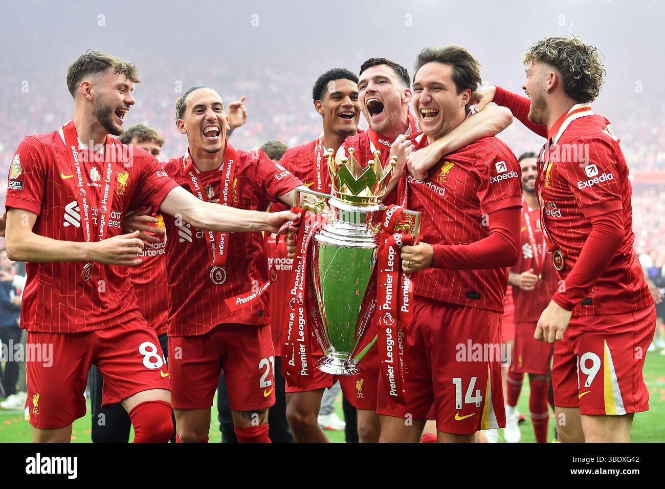 Liverpool, UK. 25th May, 2025. Conor Bradley, Kostas Tsimikas, Andrew ...