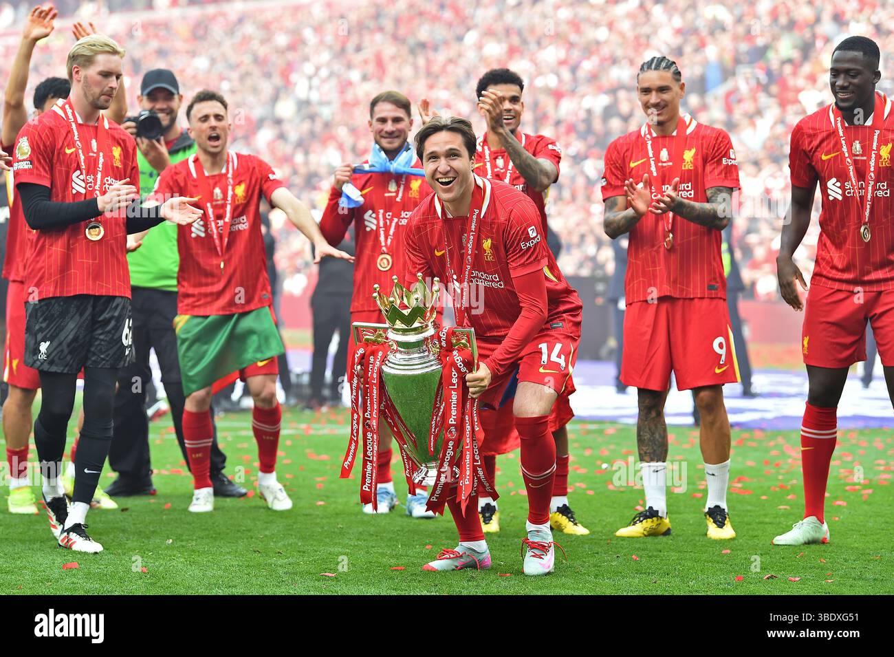 Liverpool, UK. 25th May, 2025. Federico Chiesa of Liverpool lifts the ...