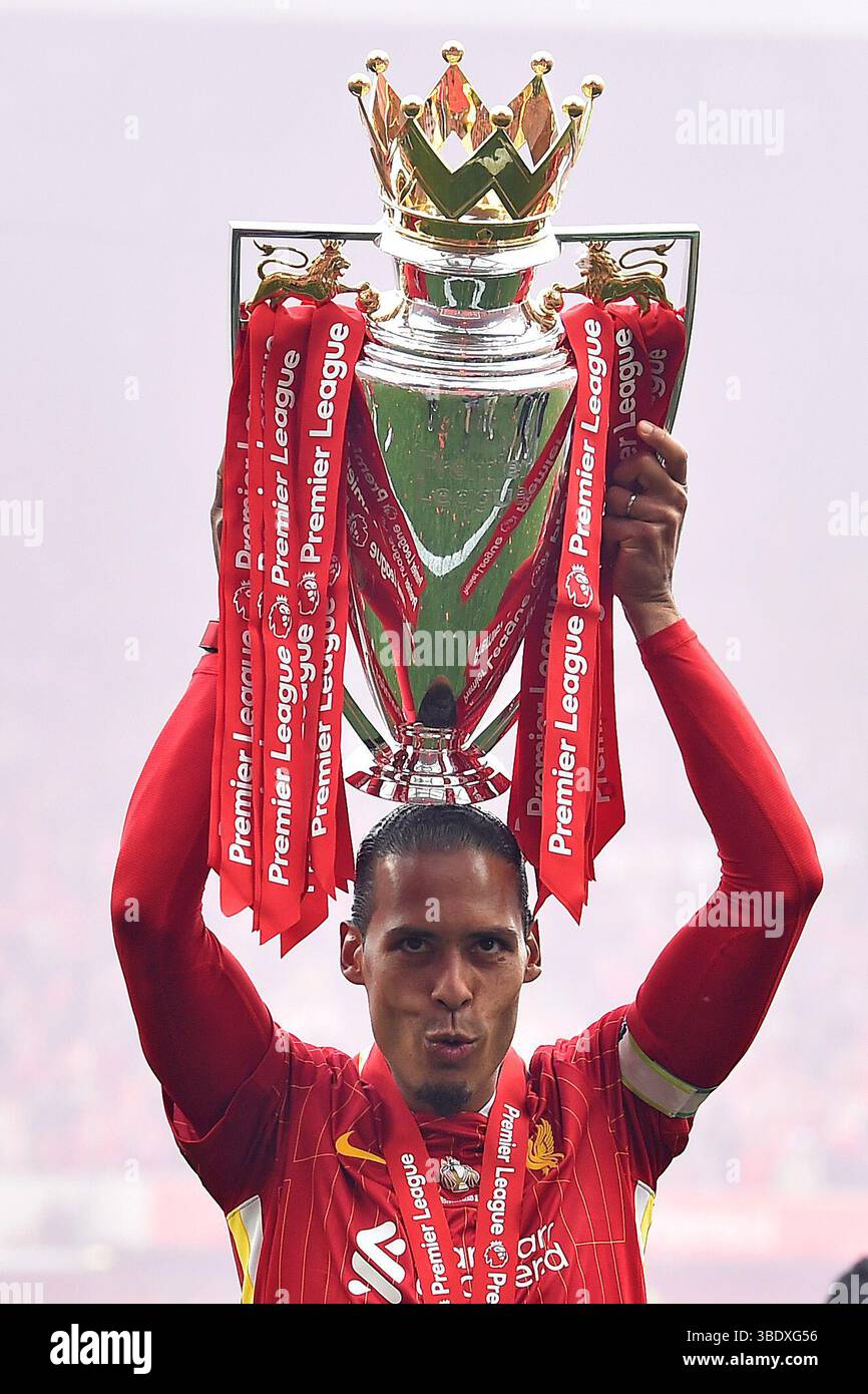 Liverpool, UK. 25th May, 2025. Virgil van Dijk of Liverpool lifts the ...