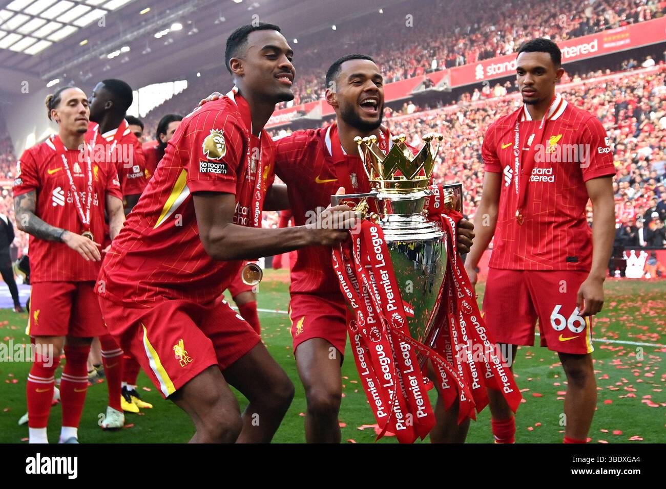Liverpool, UK. 25th May, 2025. Ryan Gravenberch of Liverpool and Cody ...