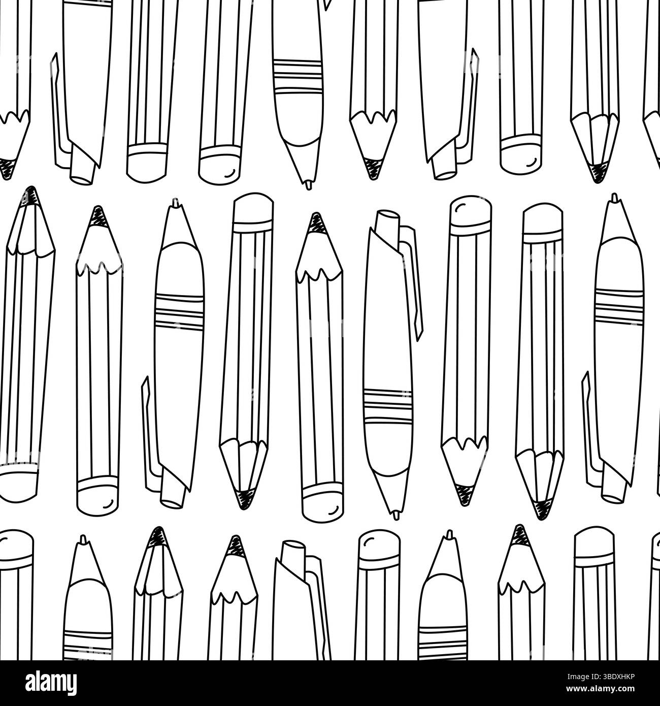 Pens and pencils seamless pattern. An outline illustration of pens and ...