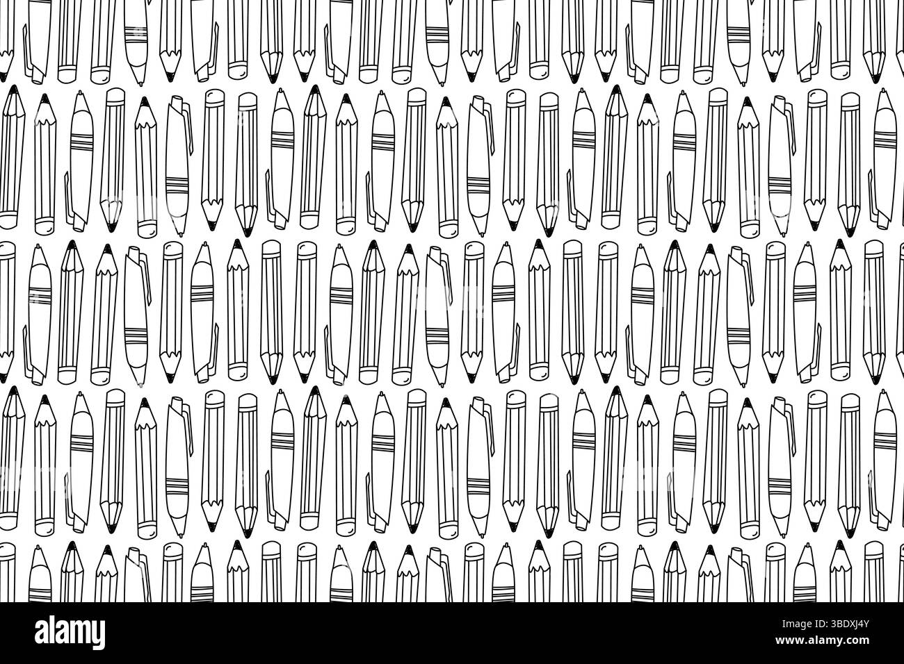 Pens and pencils seamless pattern. An outline illustration of pens and ...