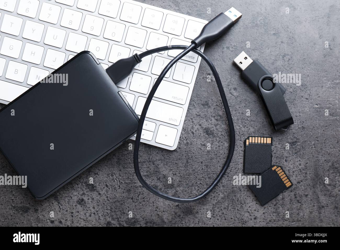 SD memory cards, USB flash drive, hard disk drive with cable and ...