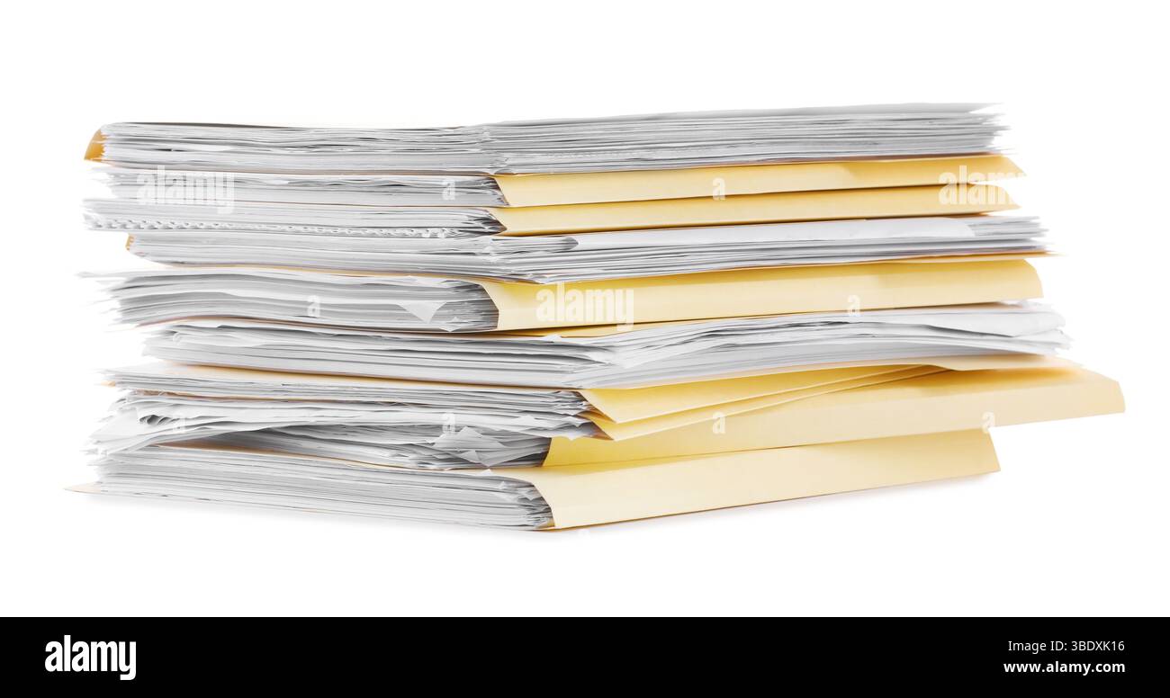 Stack of file folders with papers isolated on white Stock Photo - Alamy