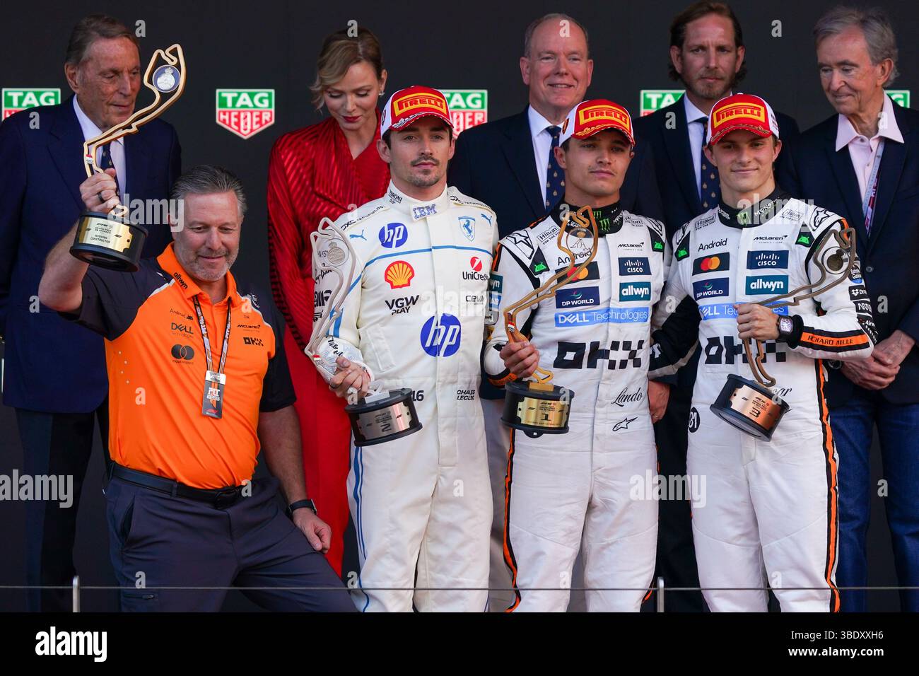 The podium with Lando Norris, Charles Leclerc, Oscar Piastri and Zak Brown during the Race of ...