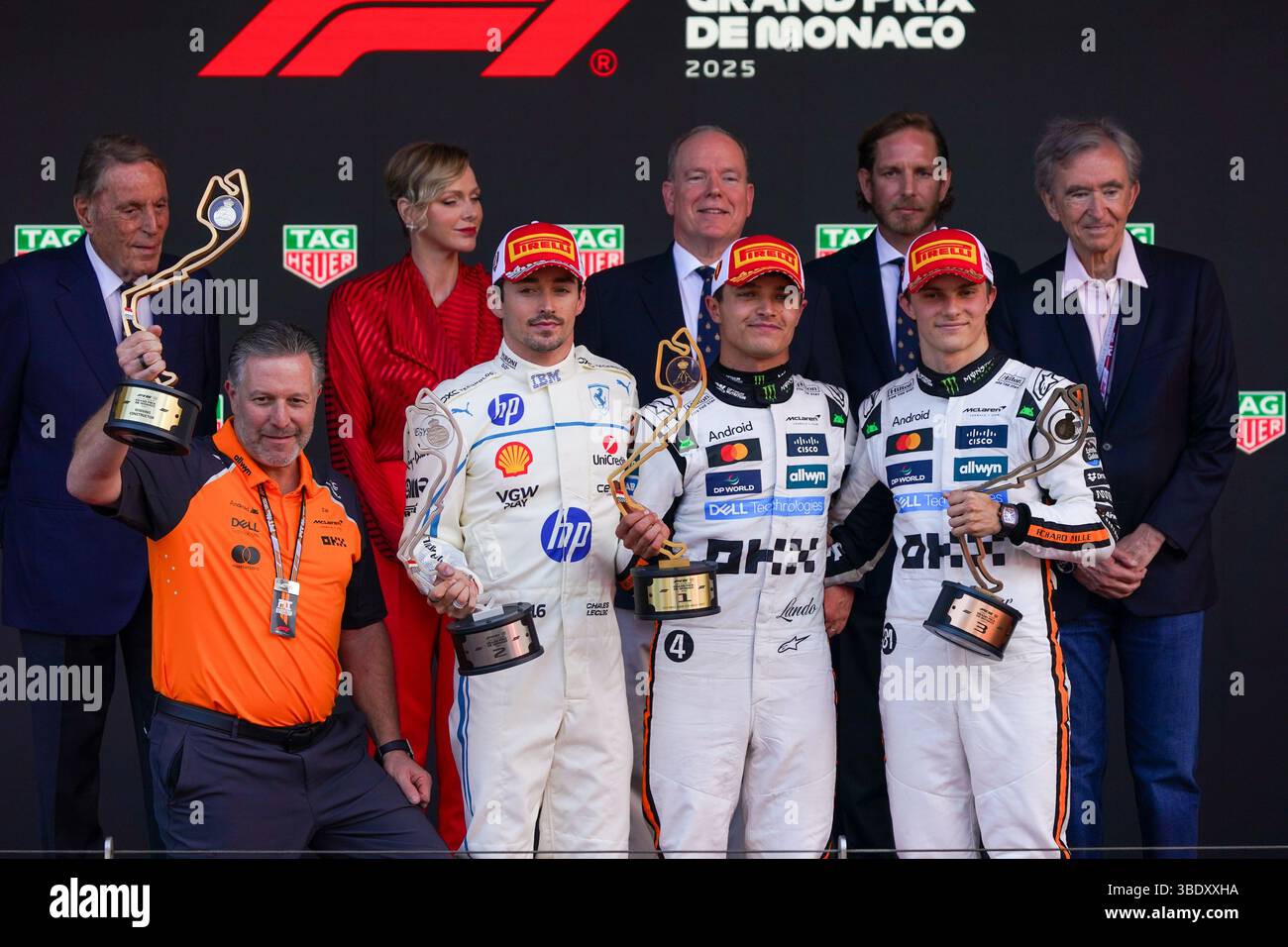 The podium with Lando Norris, Charles Leclerc, Oscar Piastri and Zak Brown during the Race of ...