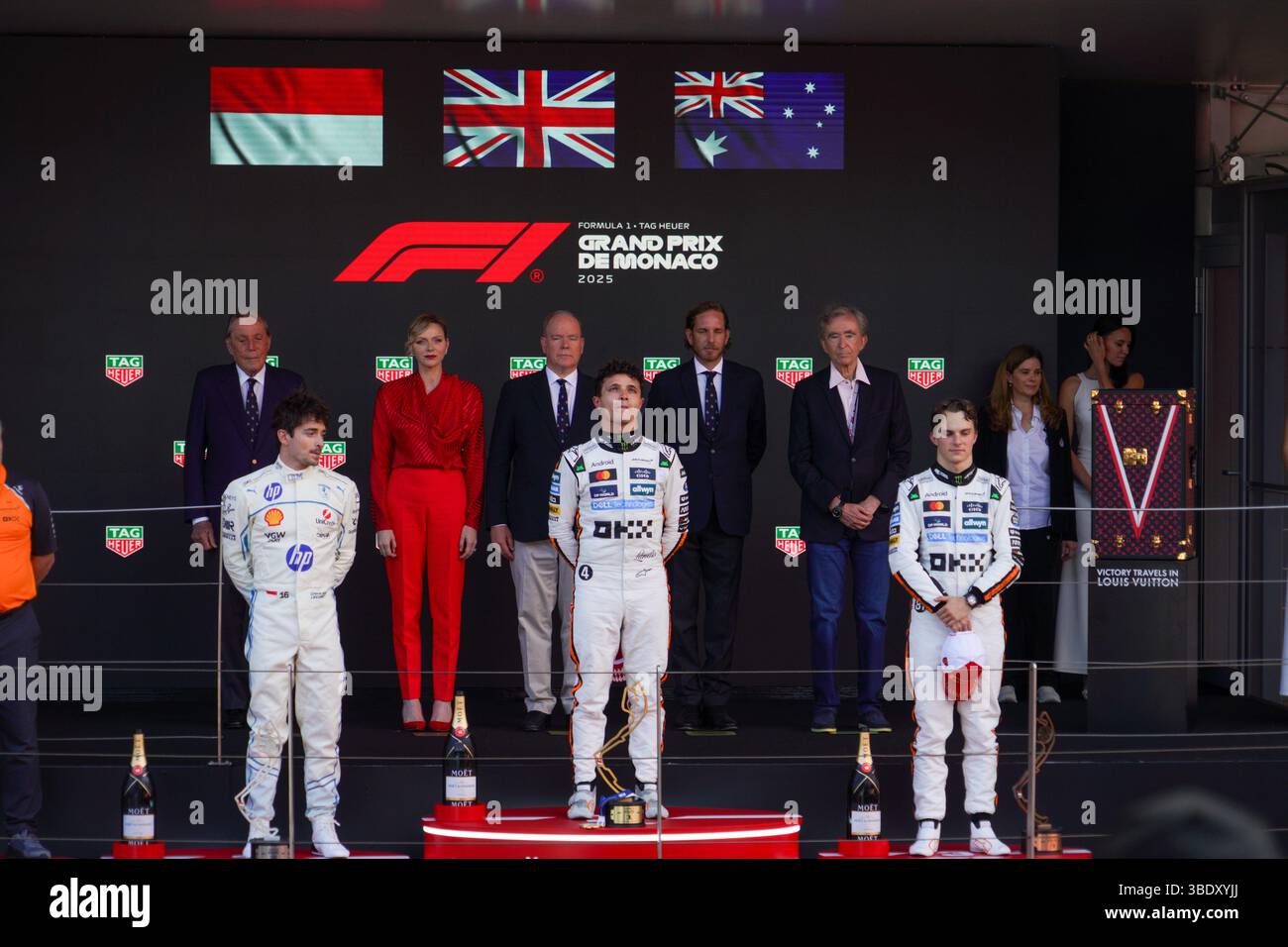 The podium with Lando Norris, Charles Leclerc and Oscar Piastri during the Race of the Formula 1 ...