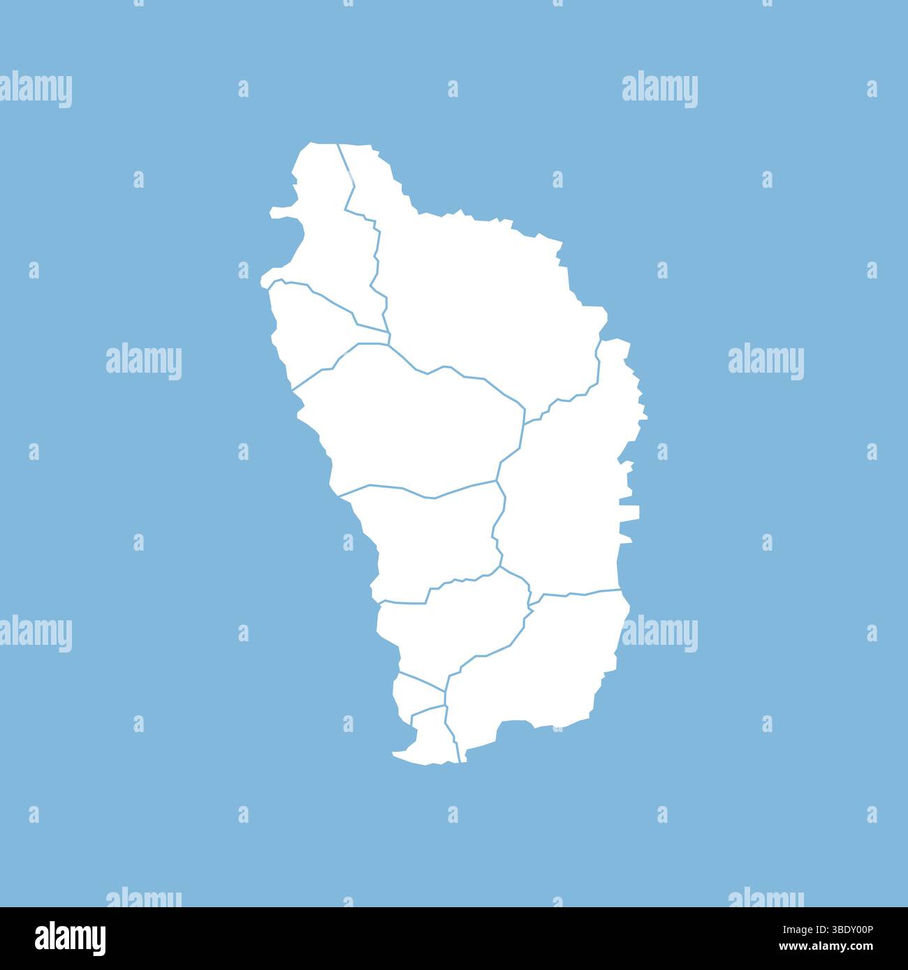 Blue flat map of Dominica with division to region. Dominica map ...