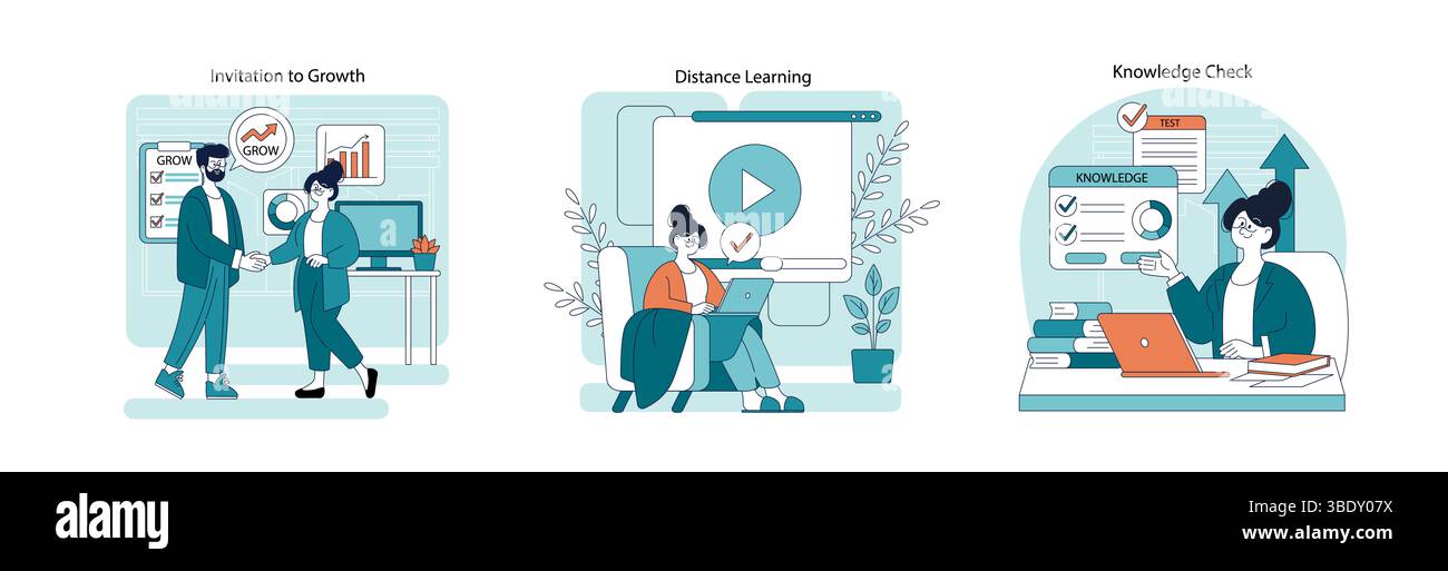 Vector illustration of three scenes depicting professional development ...