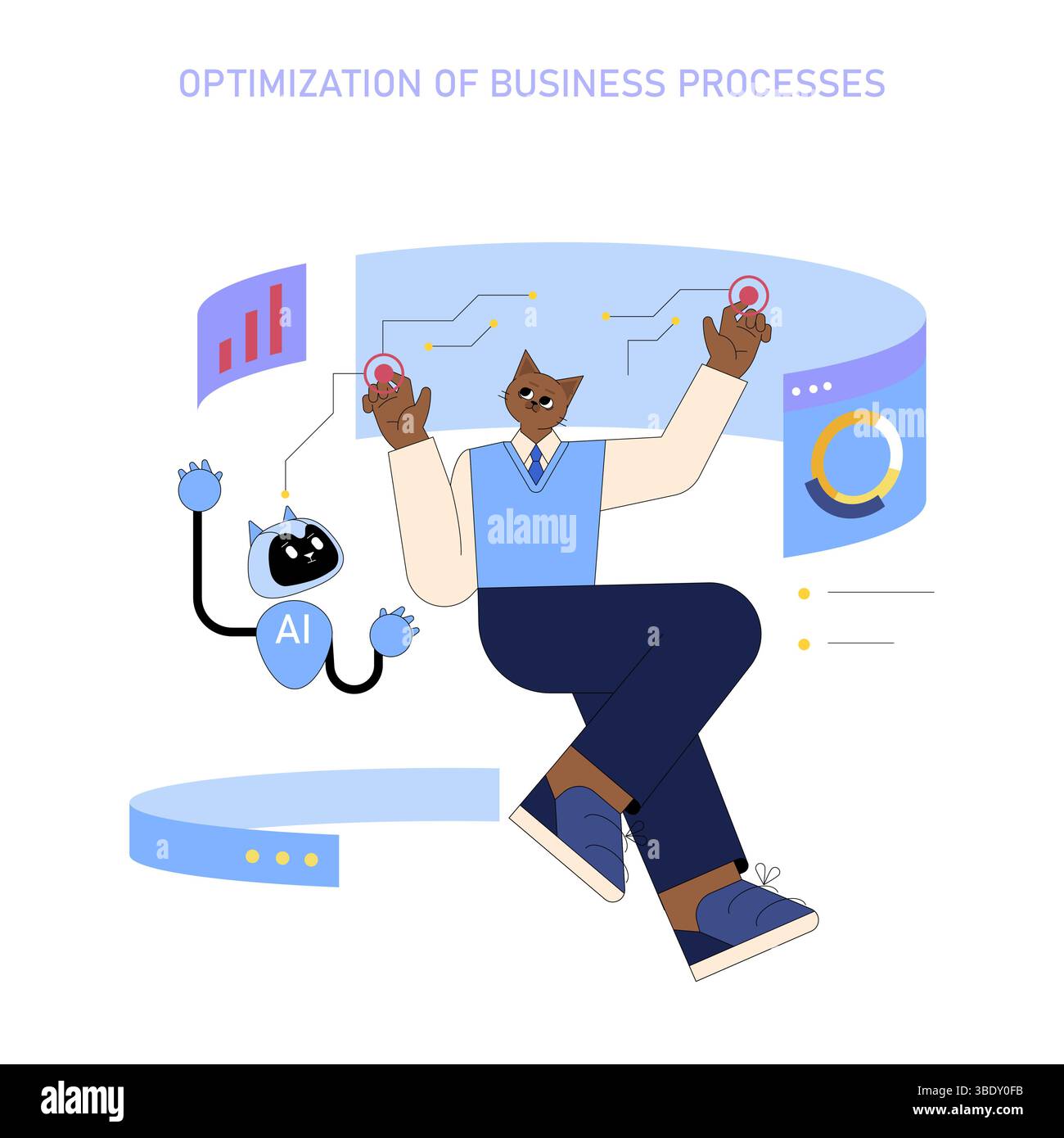 The illustration showcases the integration of AI in optimizing business processes for mid-sized ...