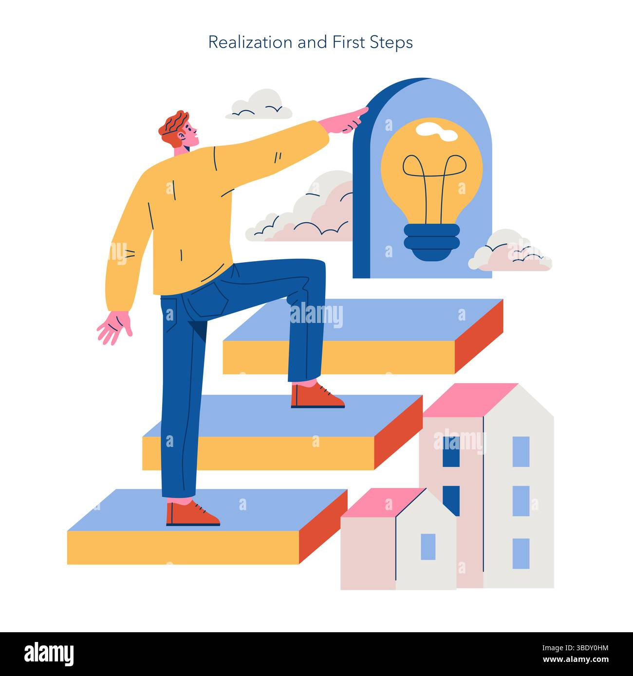 Illustration of a person taking first steps towards realization ...