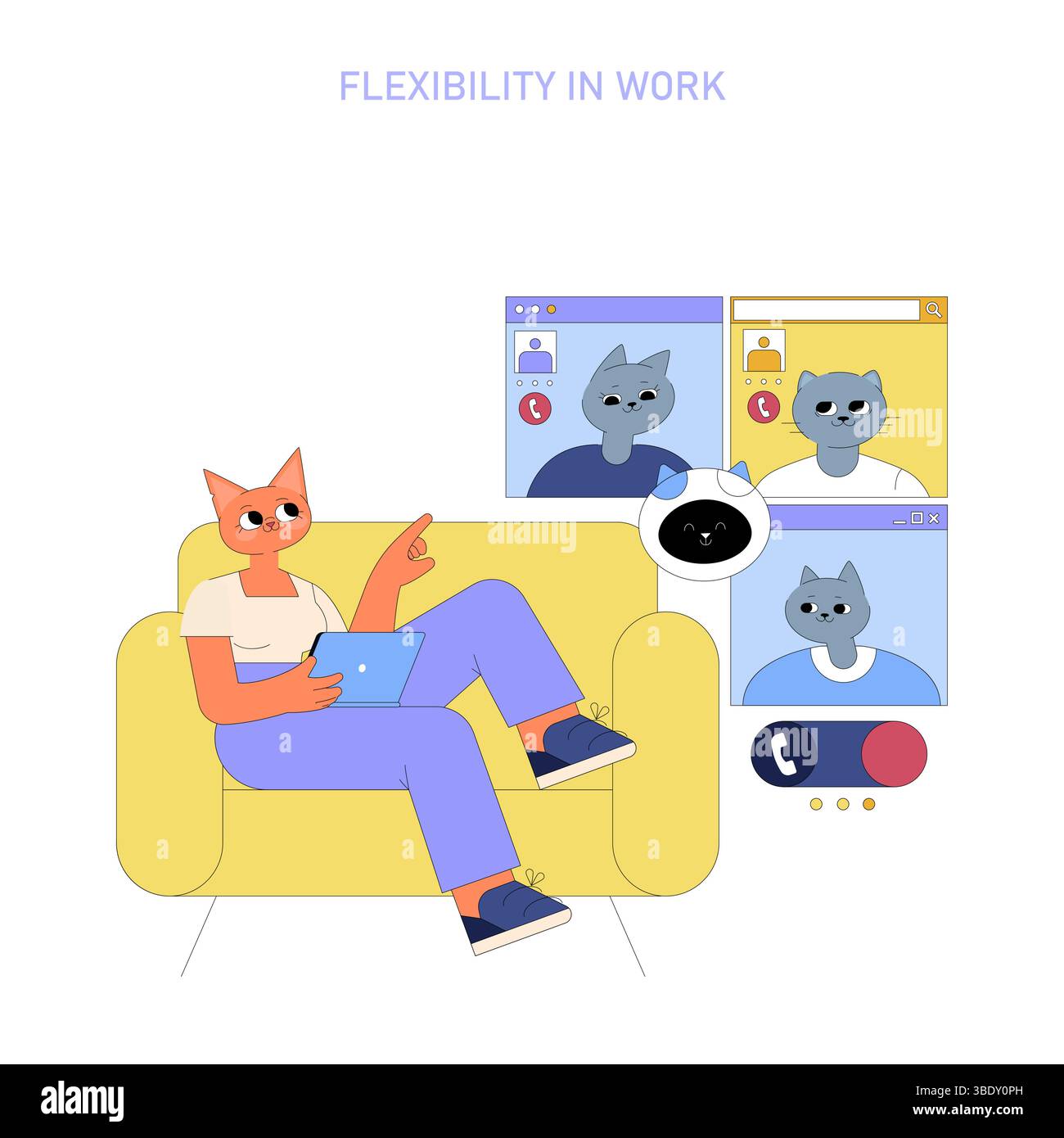 Vector illustration of an anthropomorphic fox using a laptop for remote ...