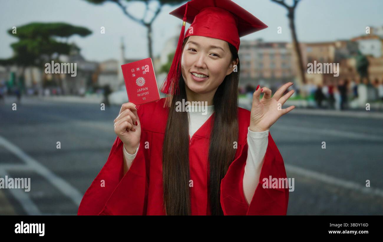 Woman in red graduation gown holds a japanese passport on an urban ...