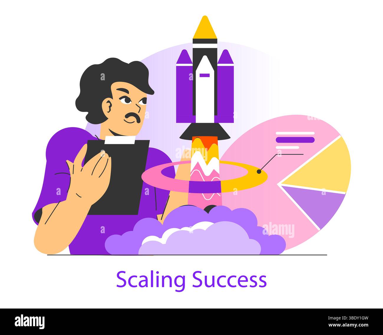 Decision making process illustrated with a man analyzing data and preparing for success ...