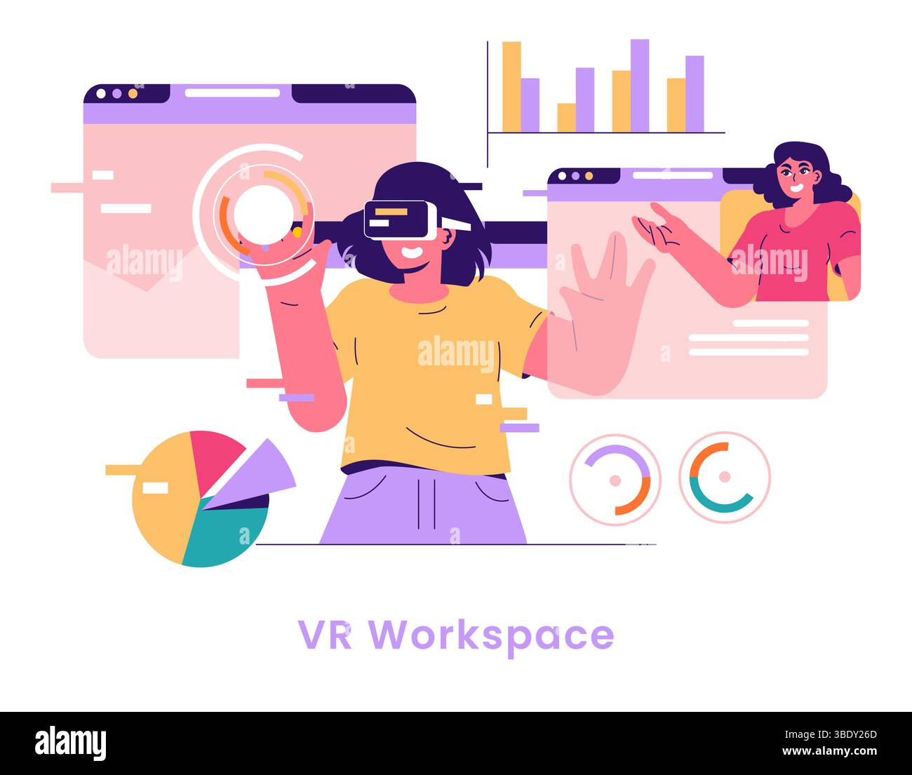 VR workspace concept. This illustration represents the future of work through virtual reality ...