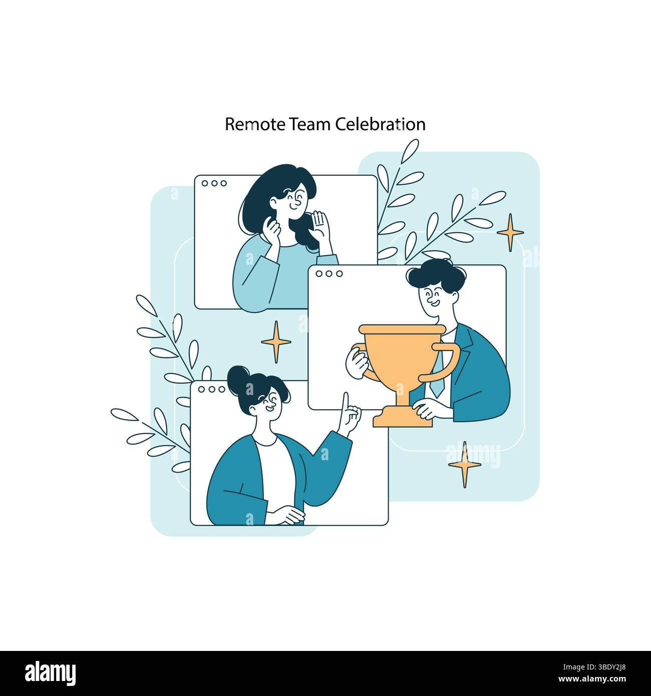 Vector illustration of a remote team celebrating a success through a ...