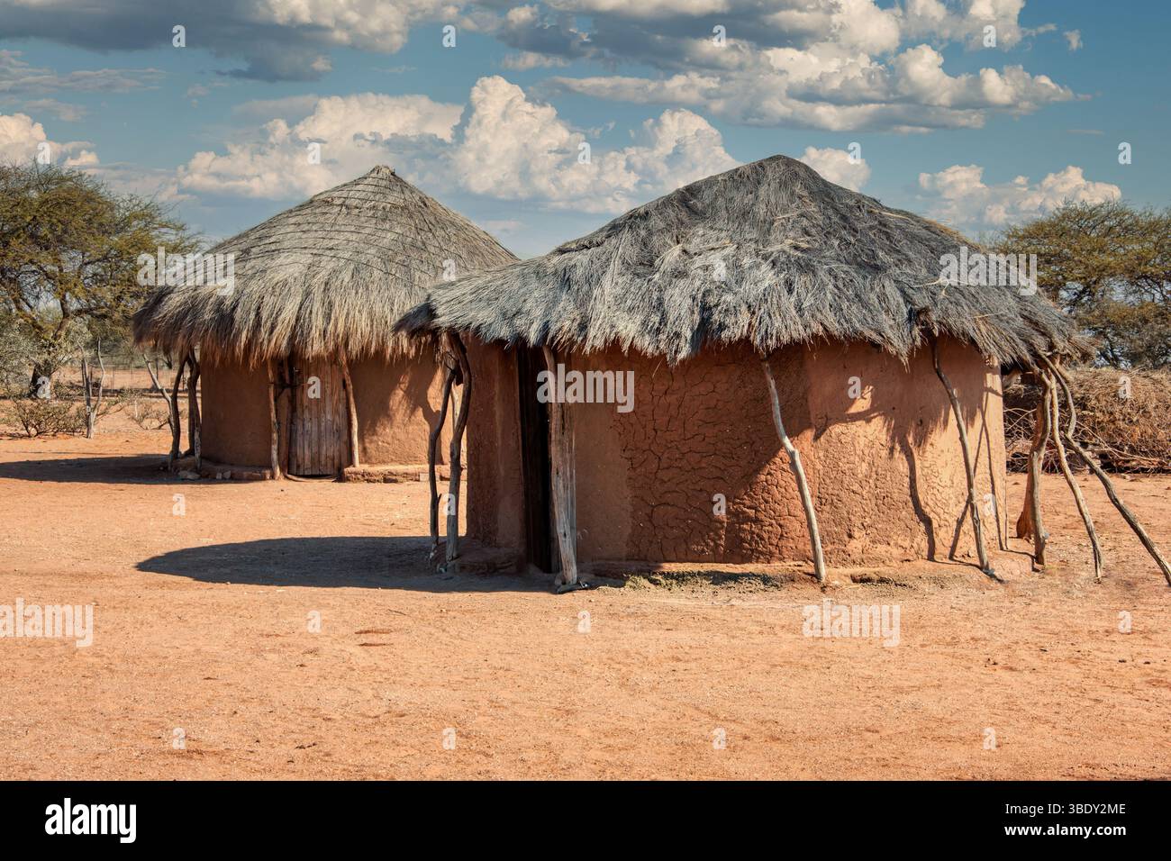 traditional African shacks in a village in Kalahari, rondavel, Mud ...