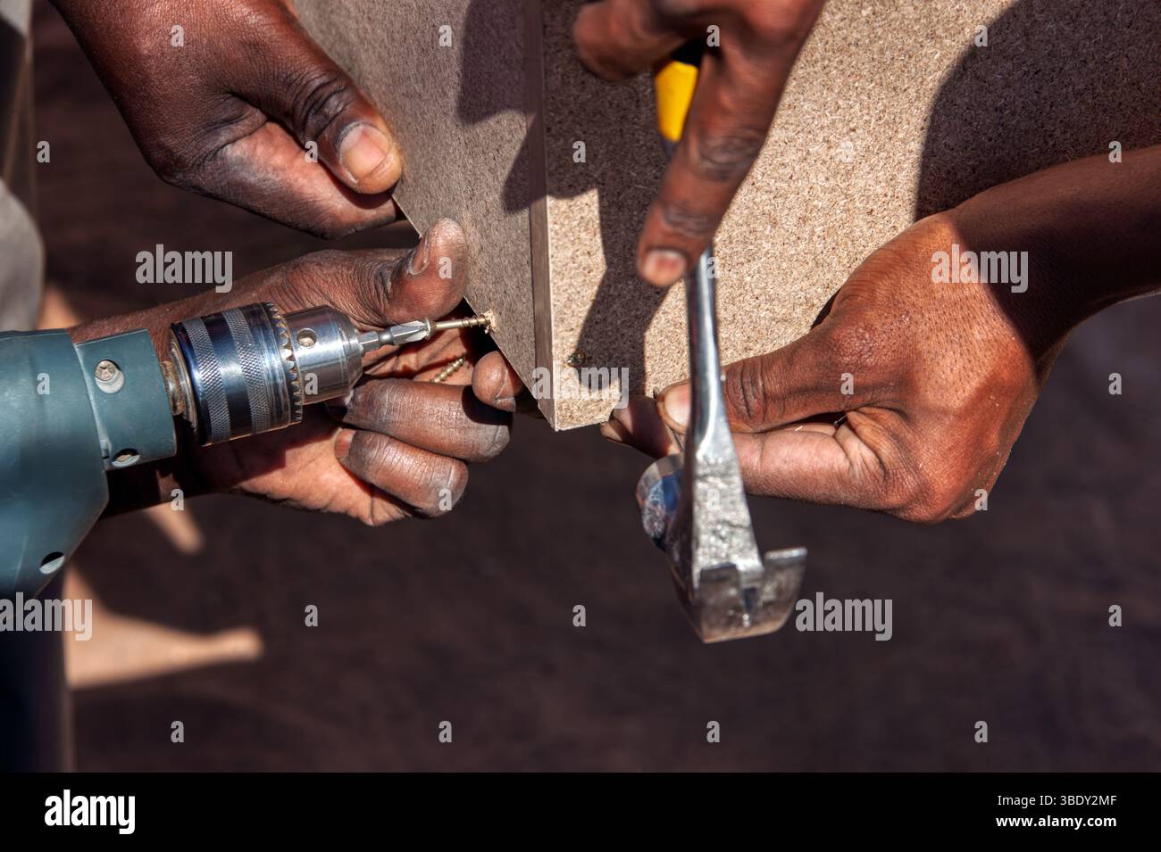 african american man with a hammer, and another with a power drill ...