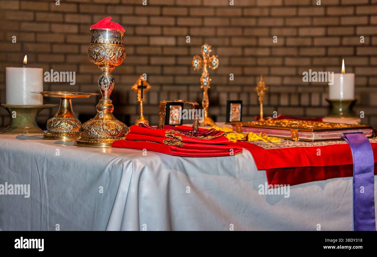 Christian Greek orthodox church, golden religious church tools. cross ...