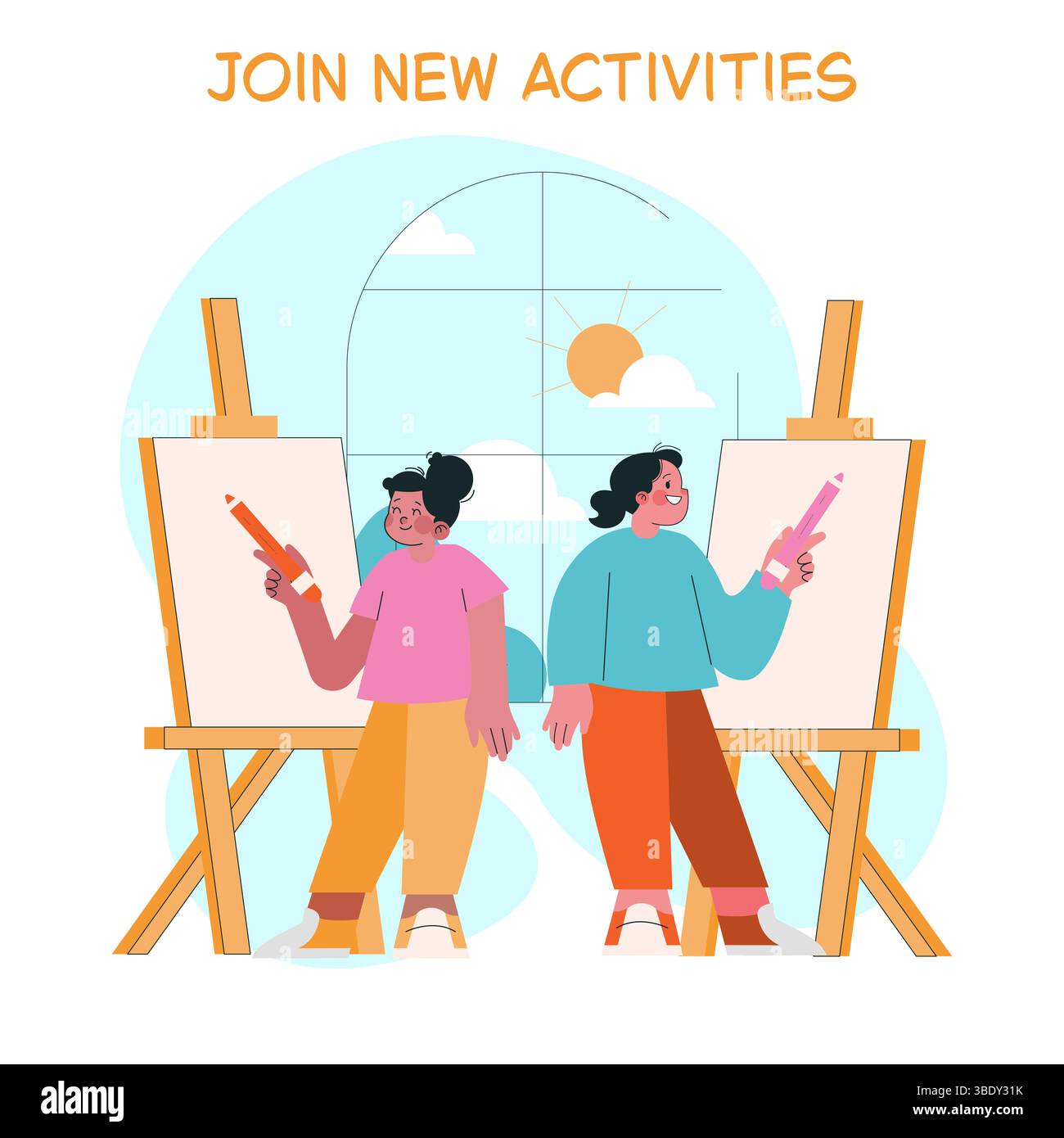 Vector illustration depicting two kids holding pencils, smiling as they ...