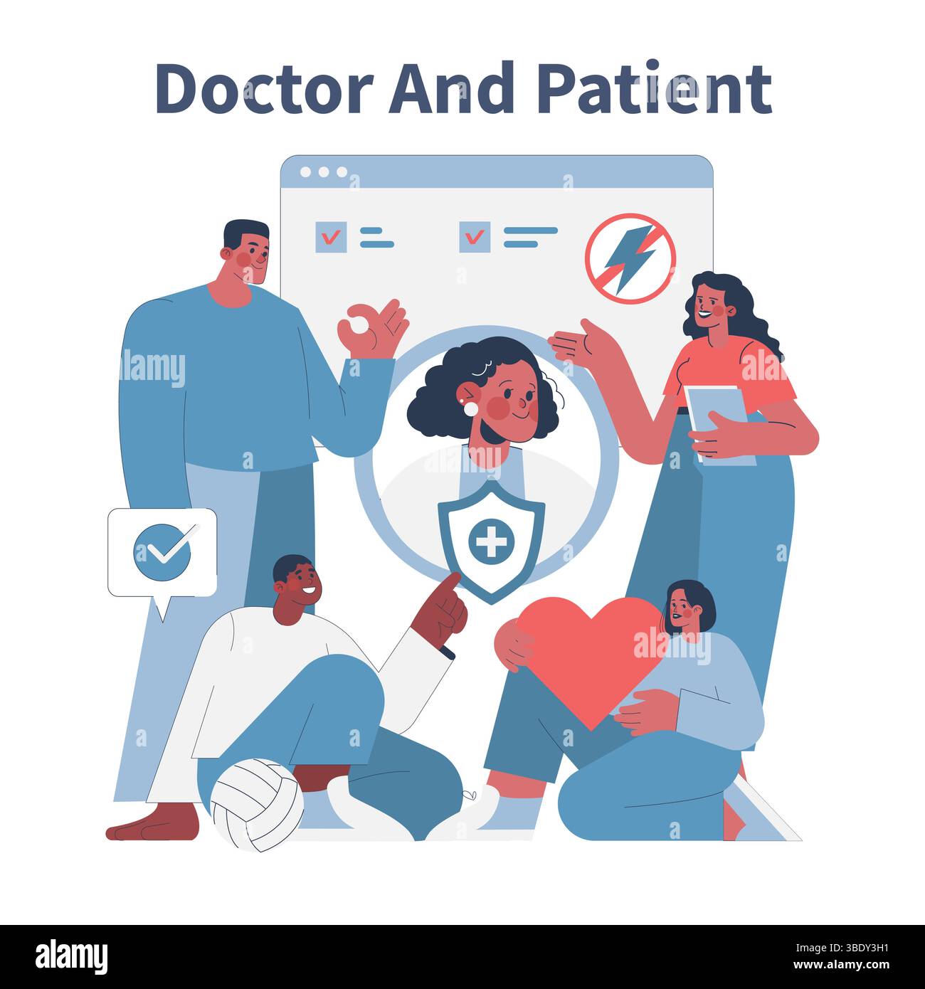 Vector illustration showing people interacting with healthcare symbols ...