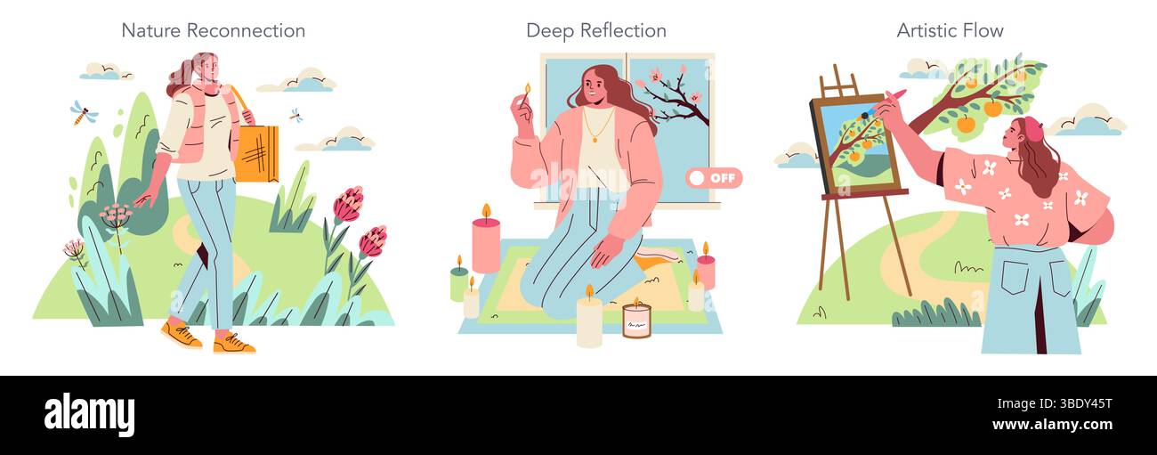 Digital Detox set. Women engaging in nature walks, reflective ...