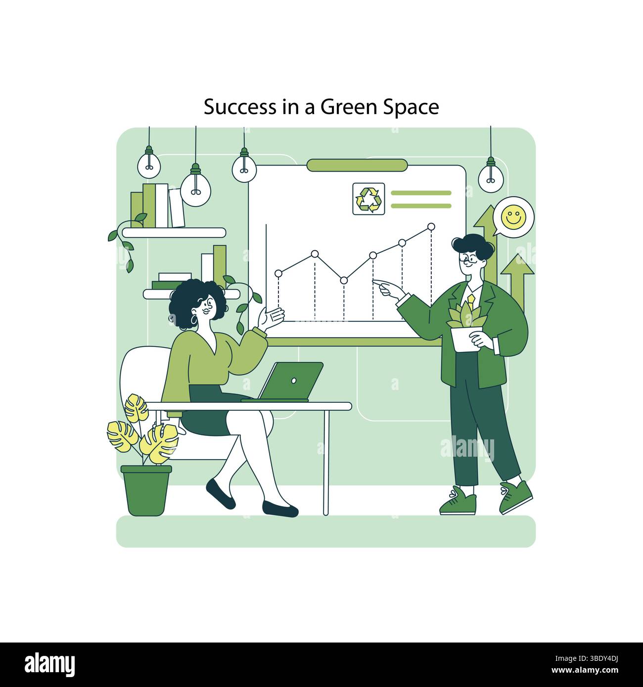Vector illustration showcasing teamwork in an eco-friendly office ...