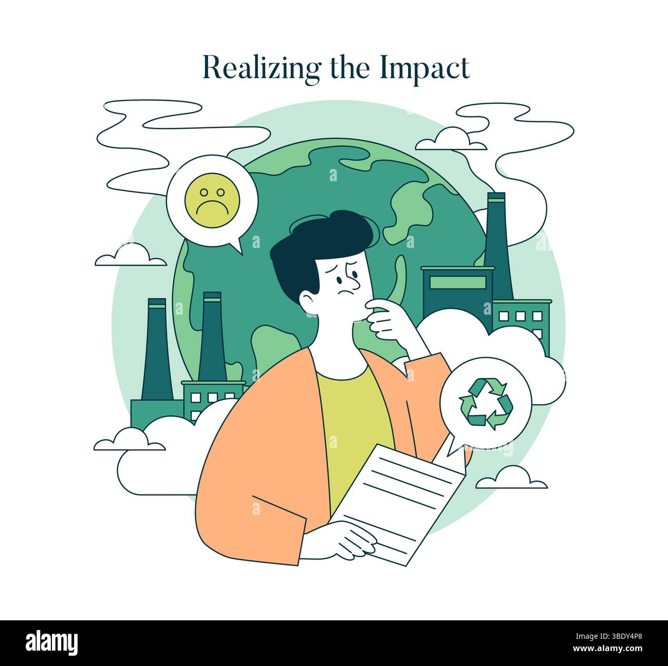 Earth Day awareness illustration. A person reflects on environmental ...