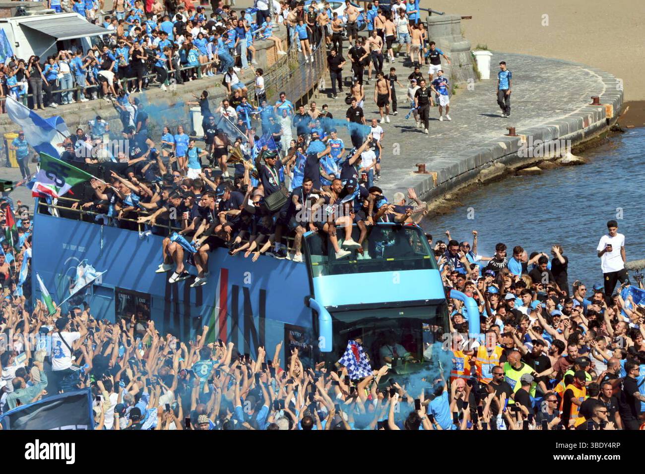 Napoli scudetto celebrations with the open-top bus along the seafront ...