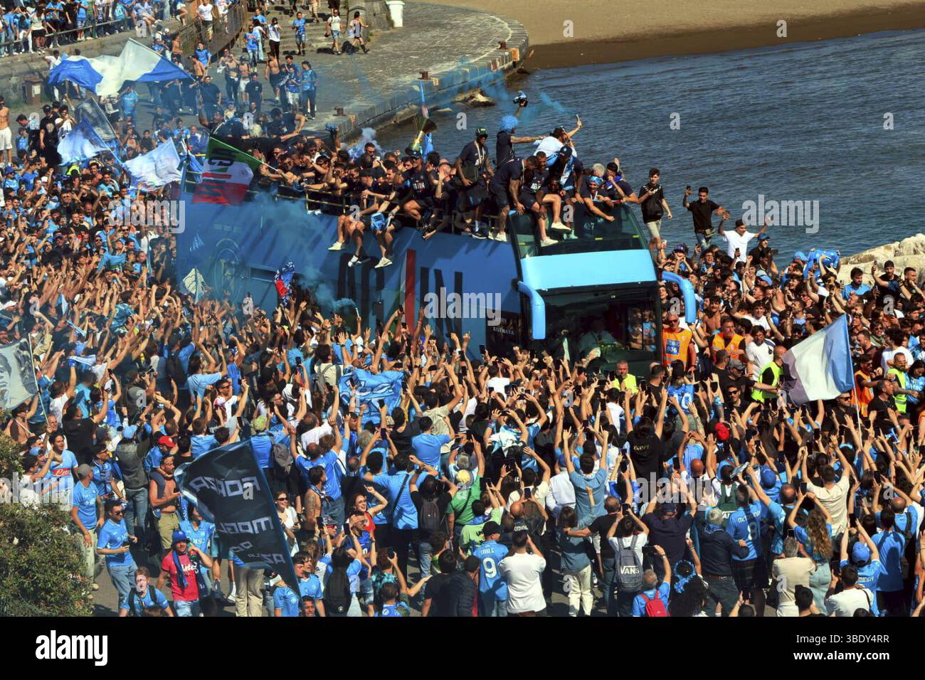 Napoli scudetto celebrations with the open-top bus along the seafront ...