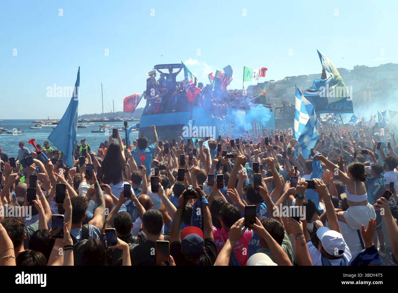 Napoli scudetto celebrations with the open-top bus along the seafront ...