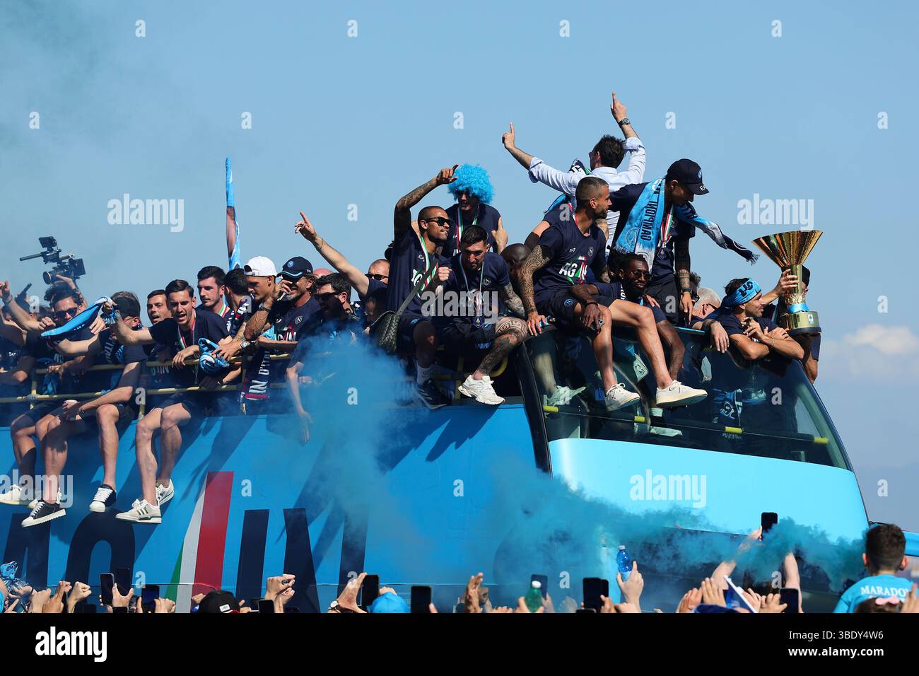 Napoli, Italy. 26th May, 2025. Napoli players celebrate on an open-top ...