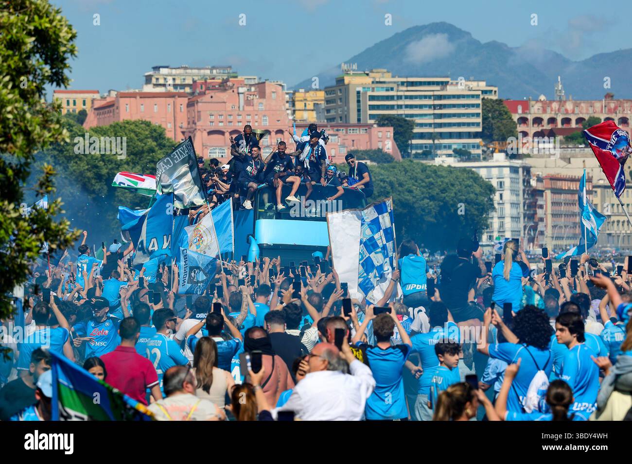 Napoli, Italy. 26th May, 2025. Napoli players celebrate on an open-top ...