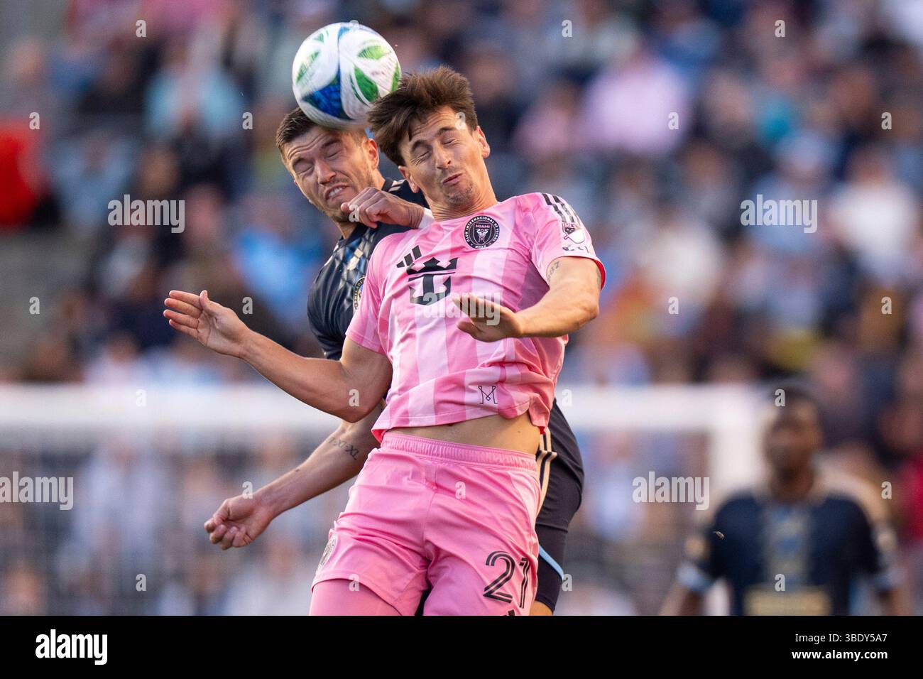 Inter Miami's Tadeo Allende, right, heads the ball with Philadelphia ...