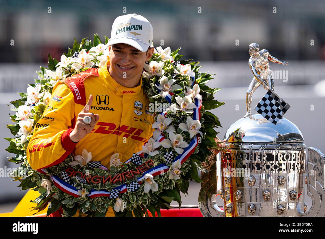 Indianapolis 500 champion Alex Palou, of Spain, poses with the Borg ...