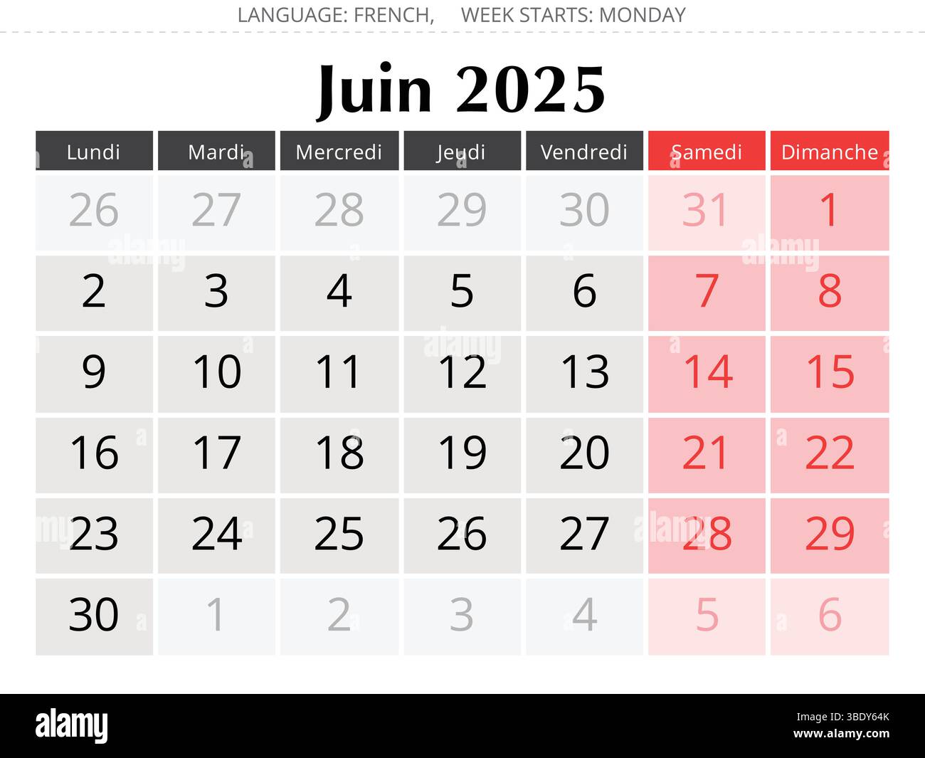 French calendar for june 2025. Vector illustration of summer month for ...