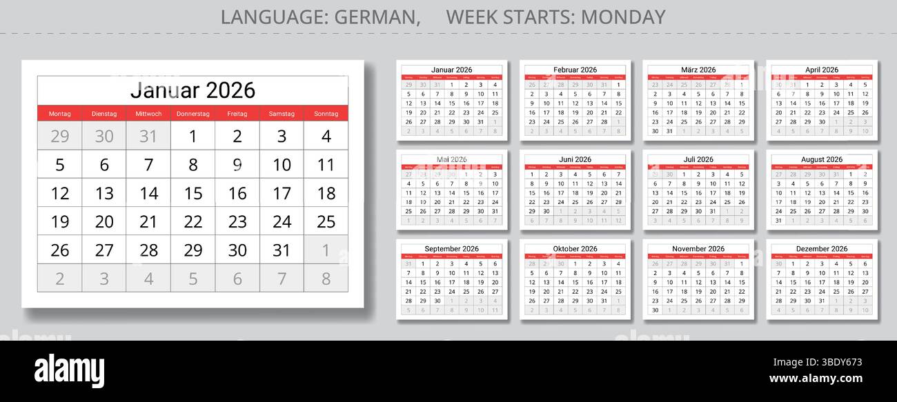 2026 german calendar collection - Kalender. Vector illustration set of ...