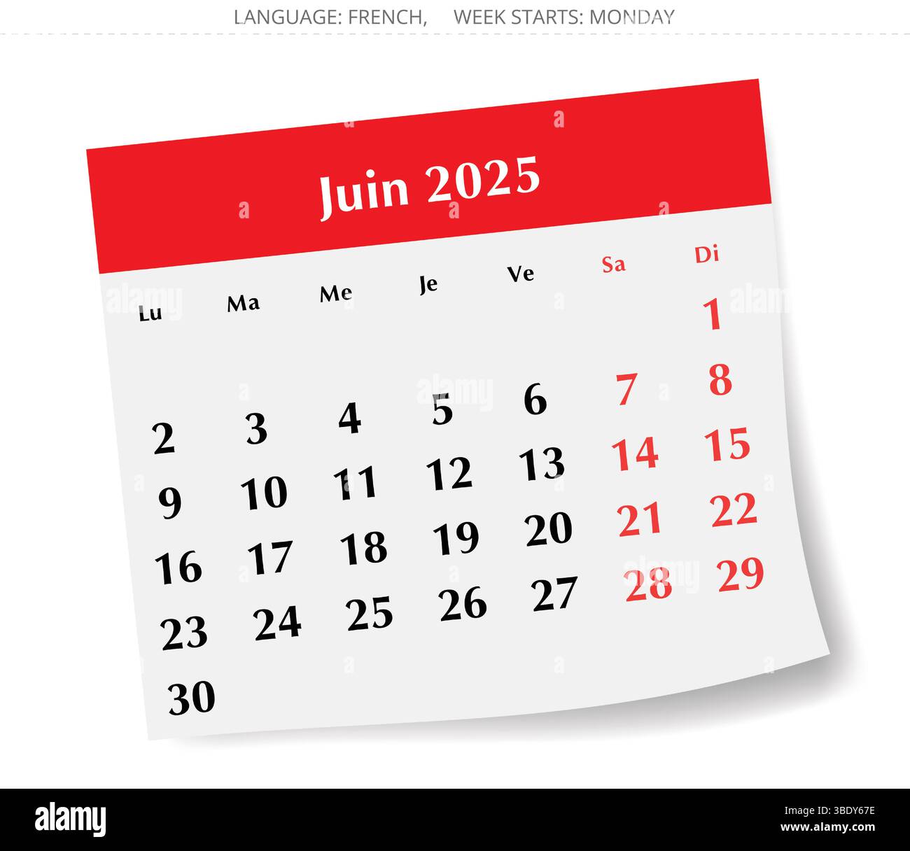 French calendar for june 2025. Vector illustration of a summer month ...