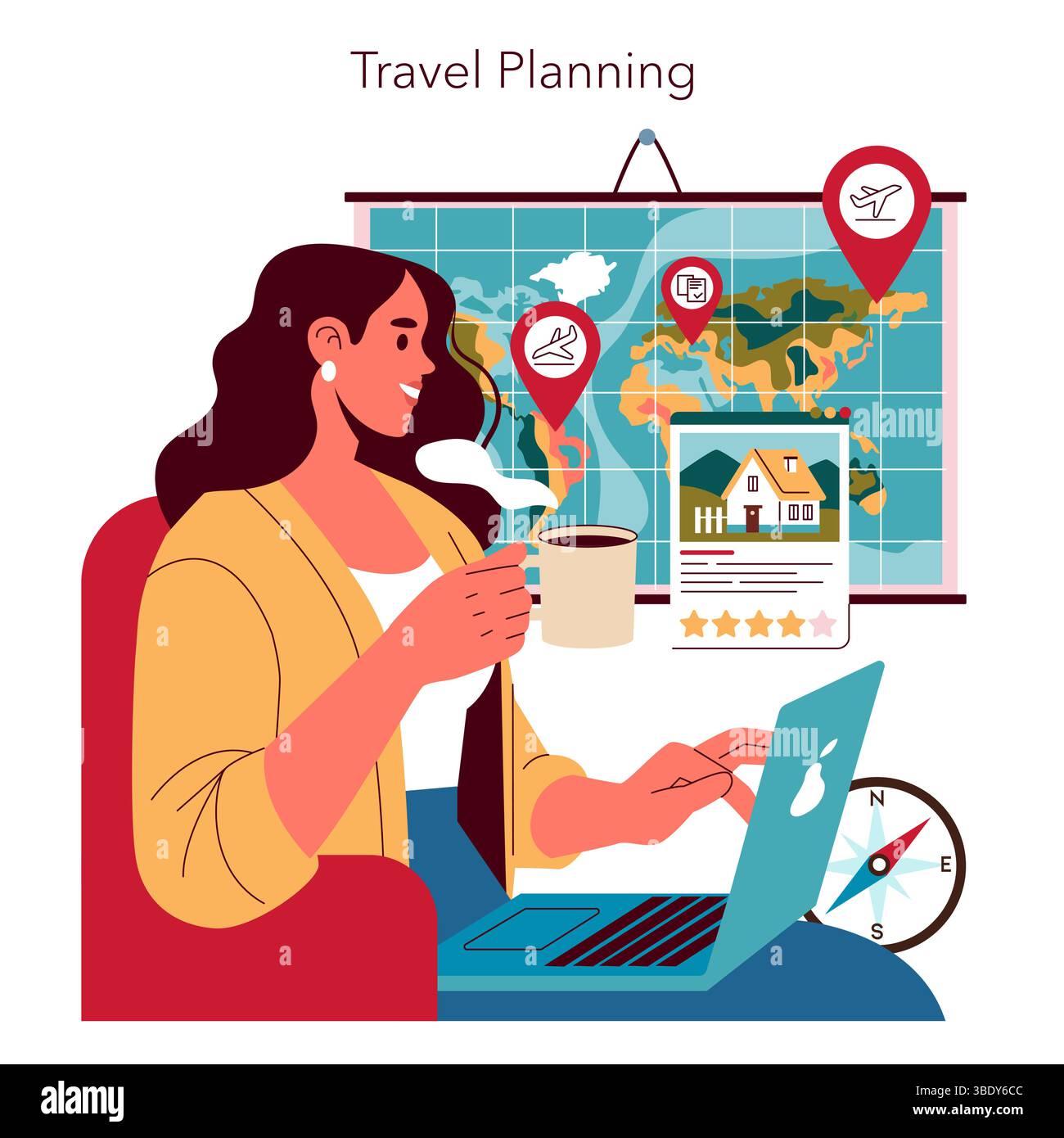 Travel planning illustration. A woman enjoys a cup of coffee while ...