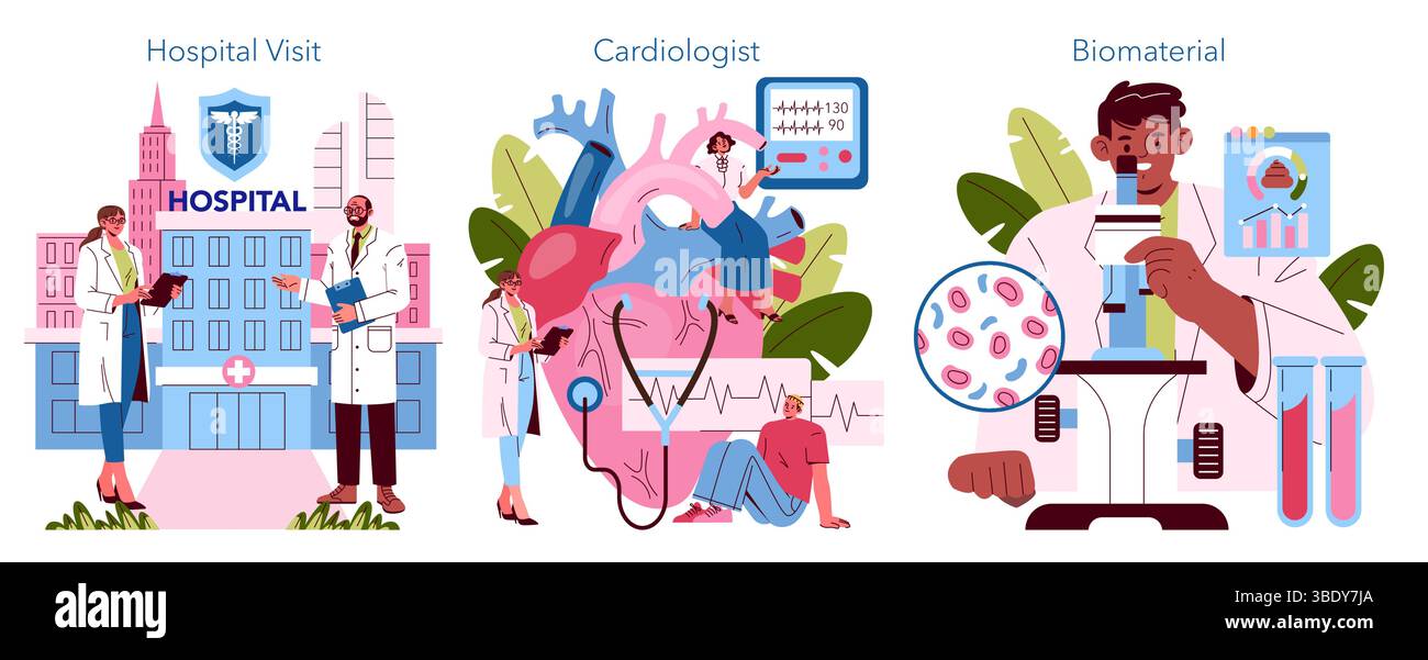 Vector illustration depicting a hospital visit with doctors discussing ...