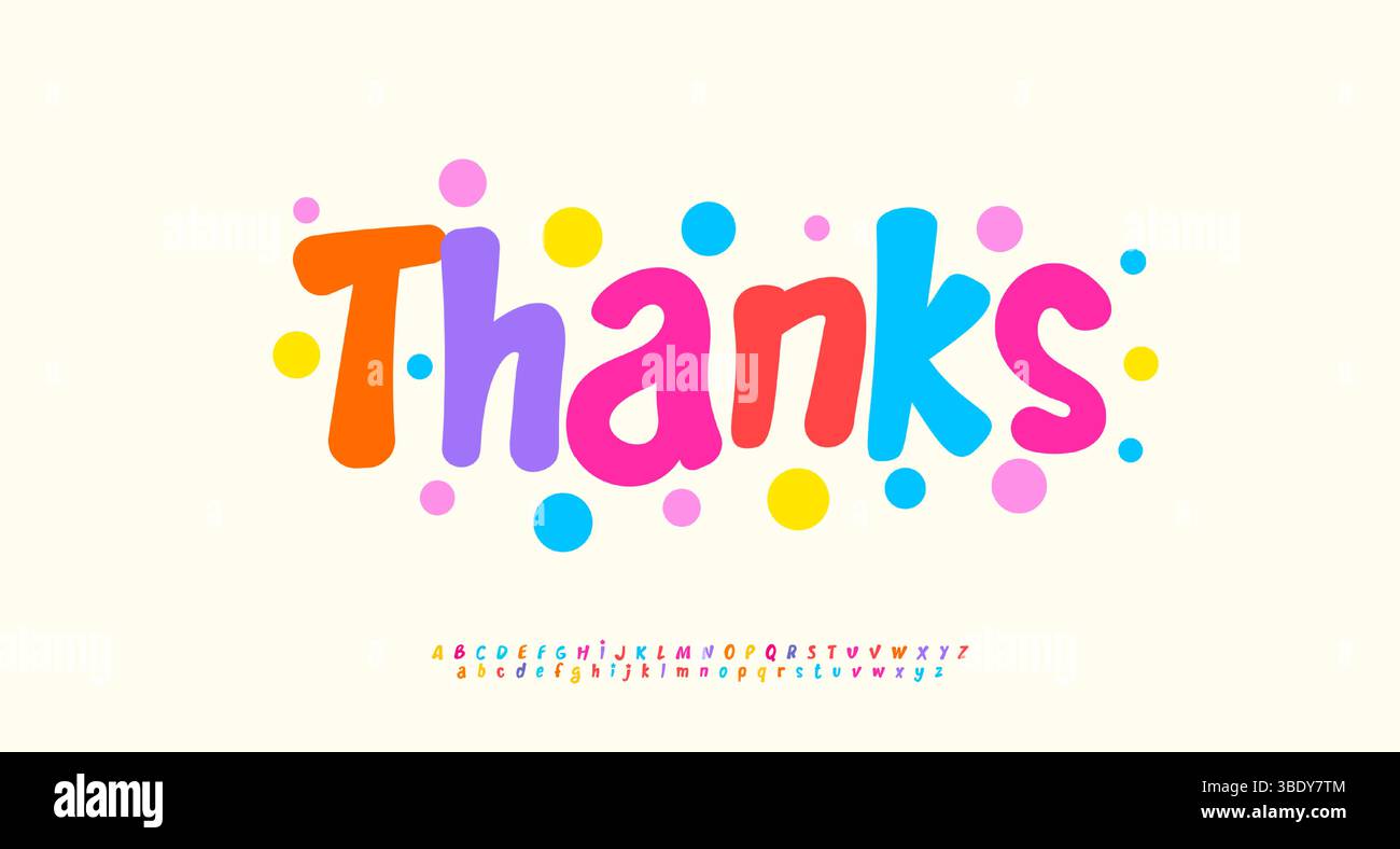 Colorful thank you message in playful kids style letters with dotted ...