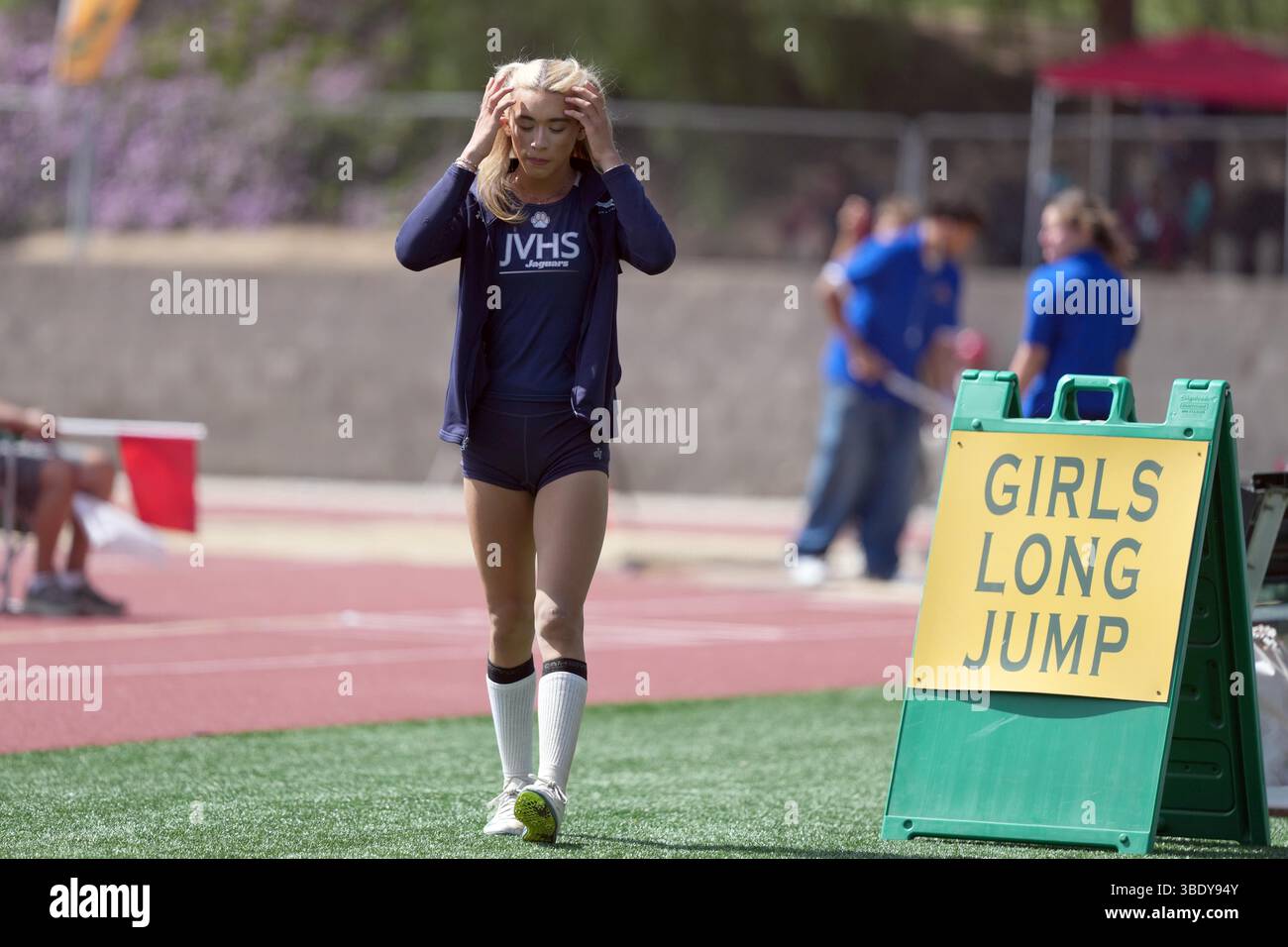 Transgender athlete AB Hernandez of Jurupa Valley reacts during the ...