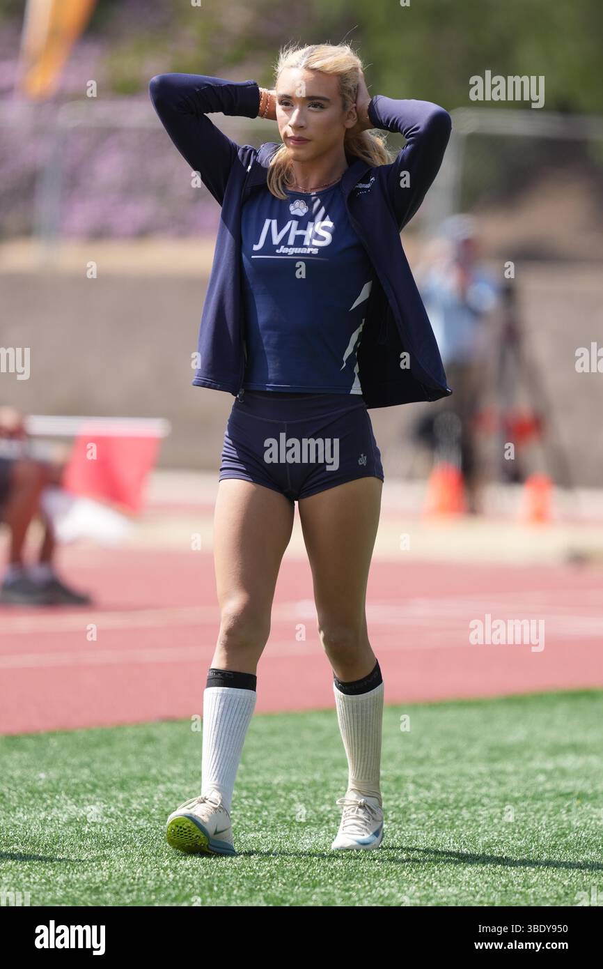 Transgender athlete AB Hernandez of Jurupa Valley reacts during the ...