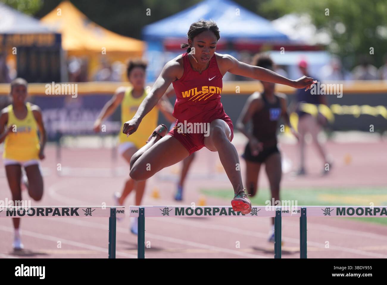 Kaylin Edwards of Long Beach Wilson wins the girls 300m hurdles in 41. ...