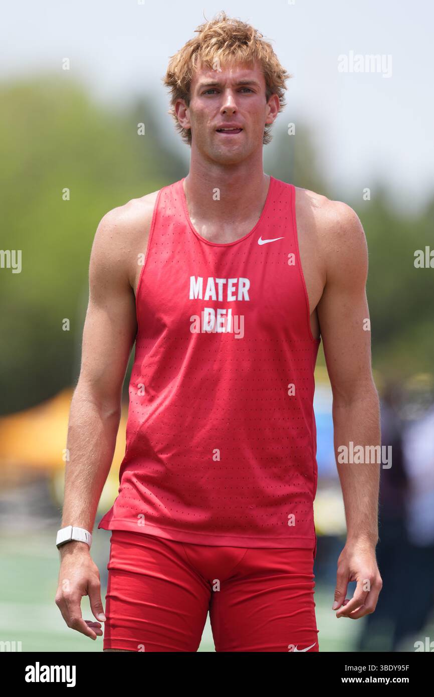Brandon Gorski of Mater Dei reacts during the long jump at the CIF ...