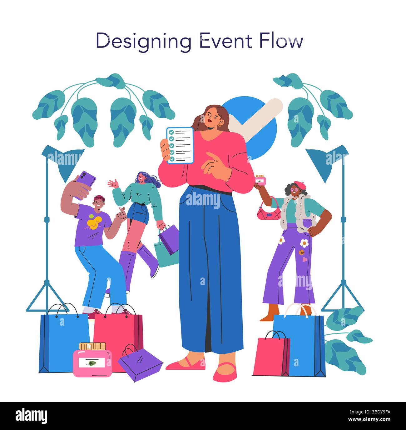 Event agency planning and flow management illustrated. A creative team ...