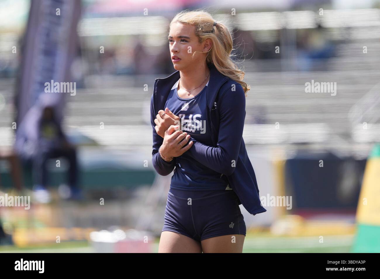 Transgender athlete AB Hernandez of Jurupa Valley watches during the girls triple jump at the ...