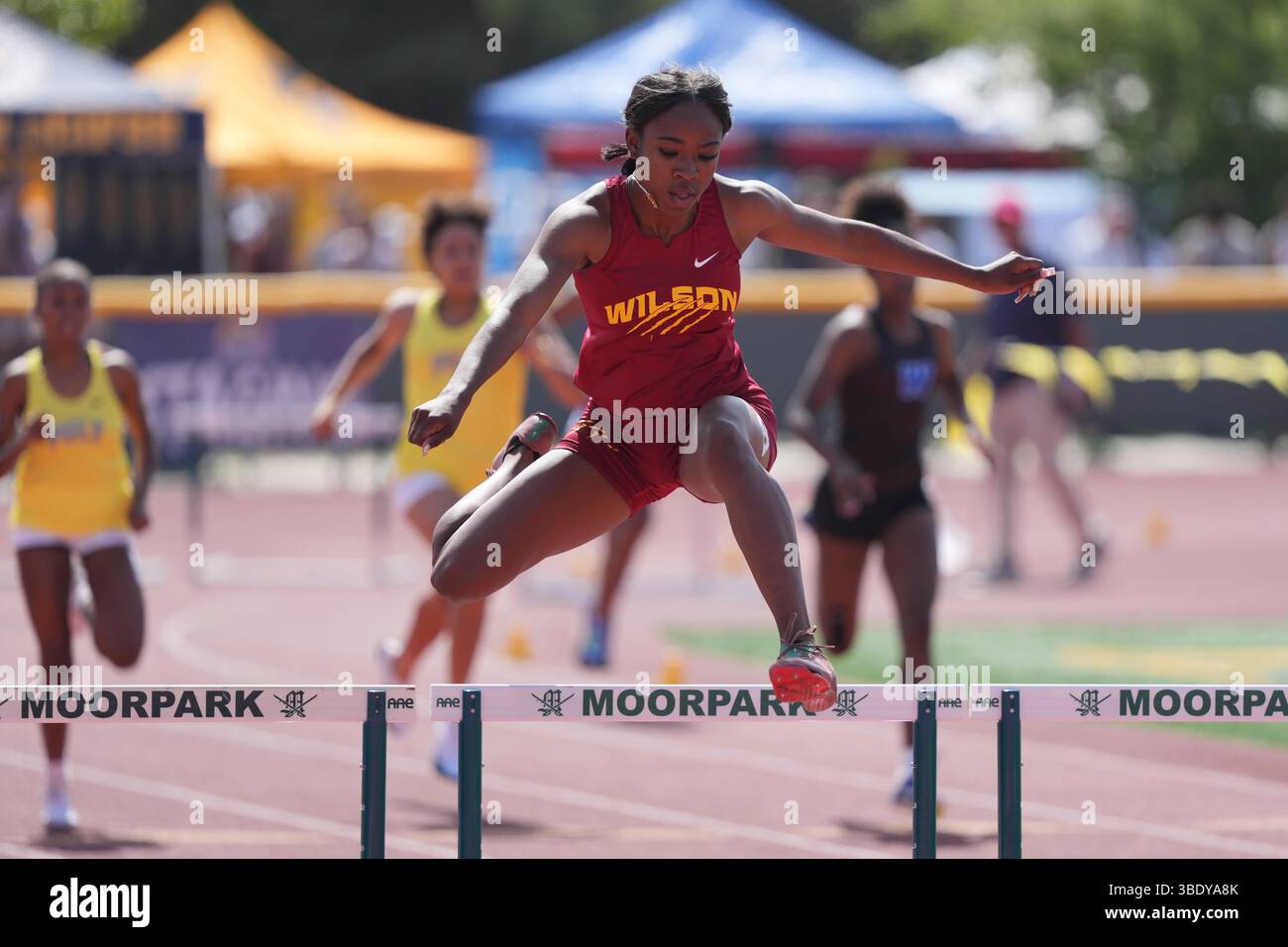 Kaylin Edwards of Long Beach Wilson wins the girls 300m hurdles in 41. ...